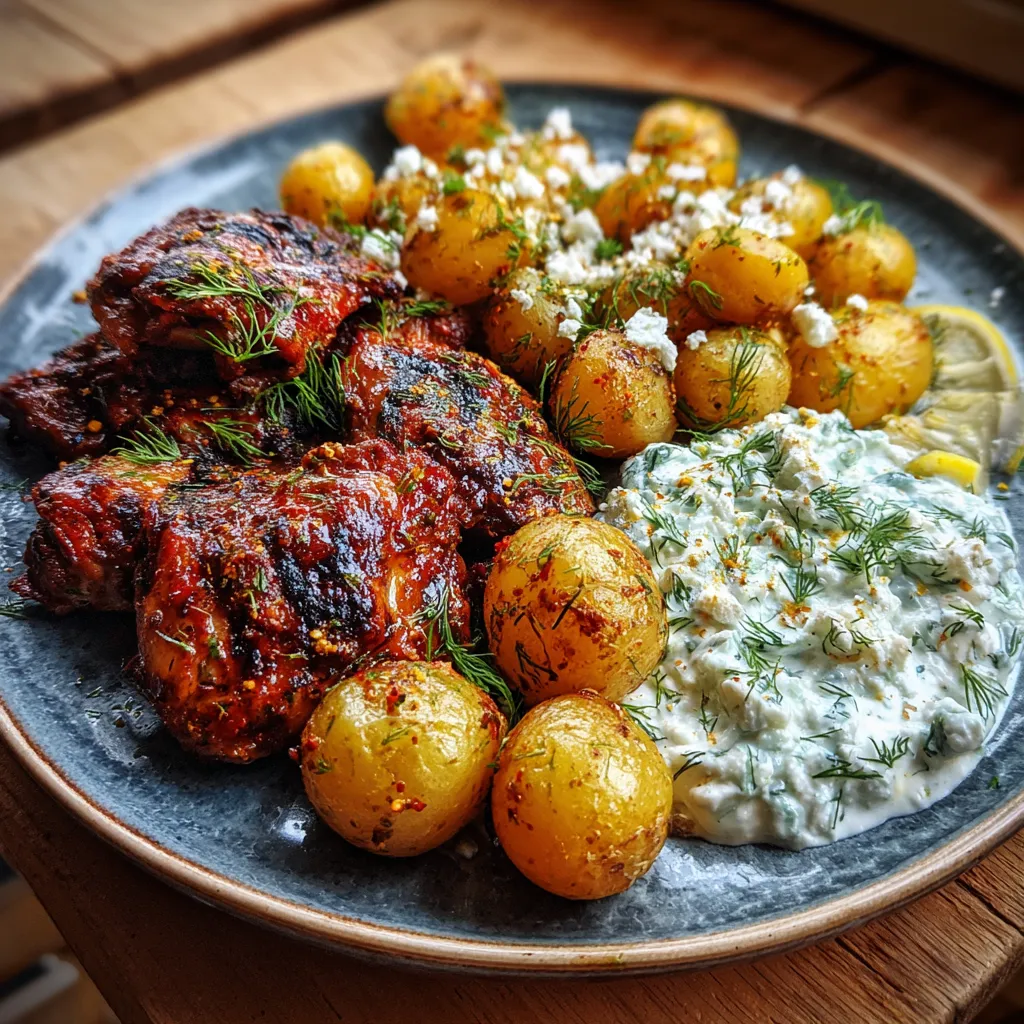 Spicy Yogurt Marinated Chicken with Dill Feta Cream & Crispy Baby ...